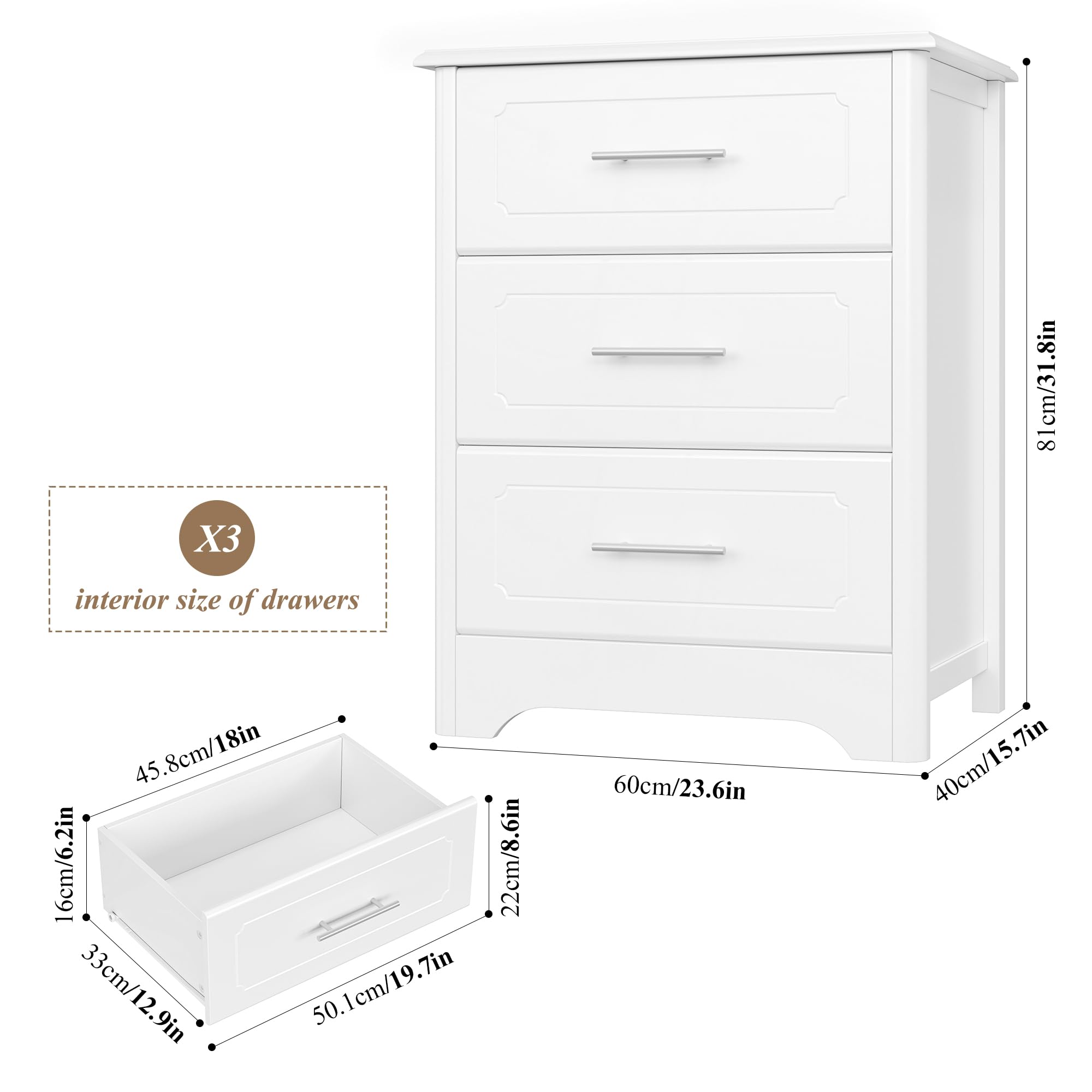 HITHOS 3 Drawer Dresser for Bedroom, 23.62" Wide Modern White Dresser, Tall Nightstand with 3 Deep Drawers, Wood Chest of Drawers, Side End Table for Living Room, Hallway, Home Office