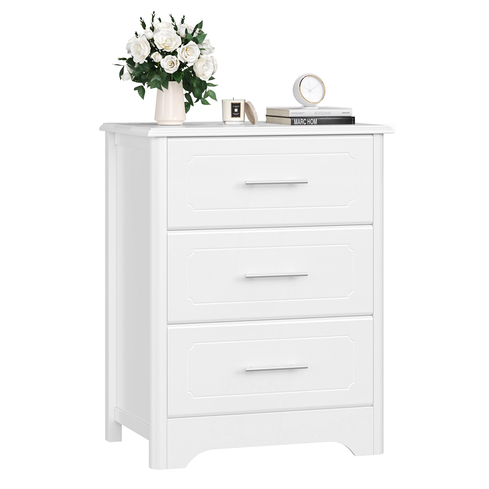 HITHOS 3 Drawer Dresser for Bedroom, 23.62" Wide Modern White Dresser, Tall Nightstand with 3 Deep Drawers, Wood Chest of Drawers, Side End Table for Living Room, Hallway, Home Office