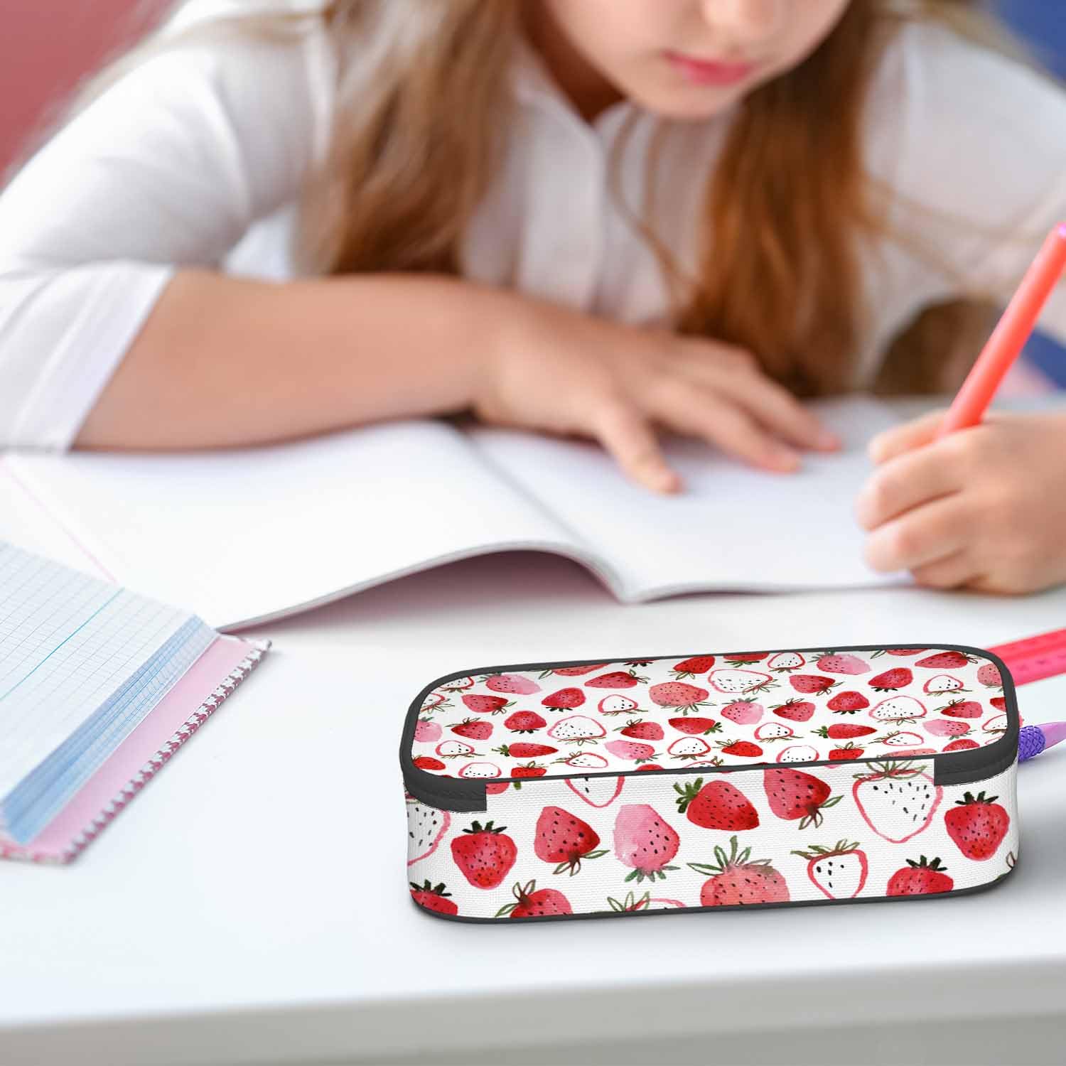 Xuwenz Strawberry Pencil Bag Abstract Watercolor Beautiful Fruit Fresh Sweet Spring Big Capacity Pencil Case Pencil Pouch Pen Bag School Students Boy Girl