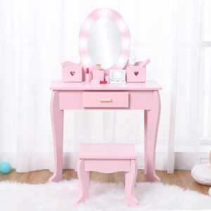 wpond kids vanity set with mirror and drawer - pretend play dress-up fun, lights & wooden makeup playset for girls 4-9 yrs, pink