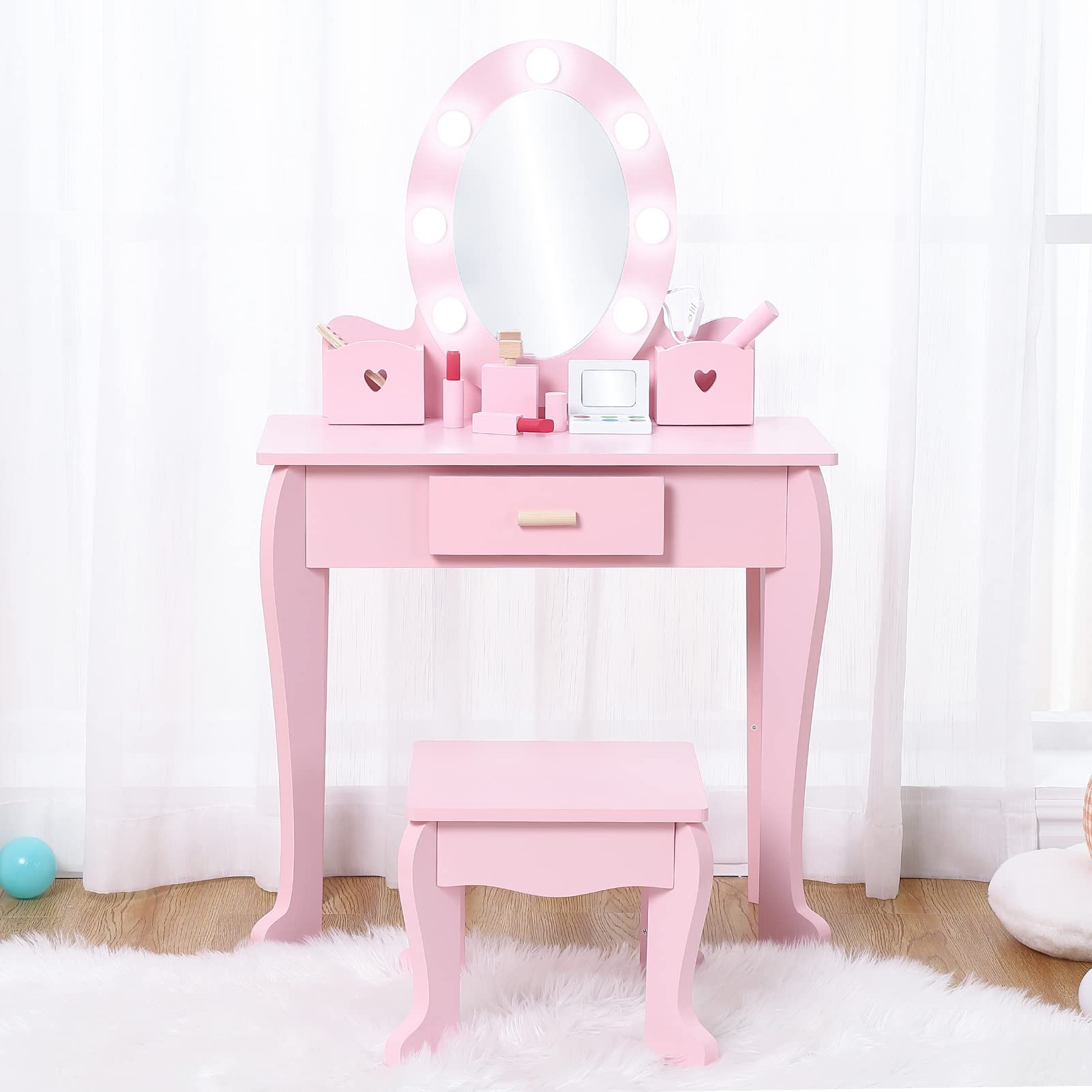 Wpond Kids Vanity Set with Mirror and Drawer - Pretend Play Dress-Up Fun, Lights & Wooden Makeup Playset for Girls 4-9 Yrs, Pink