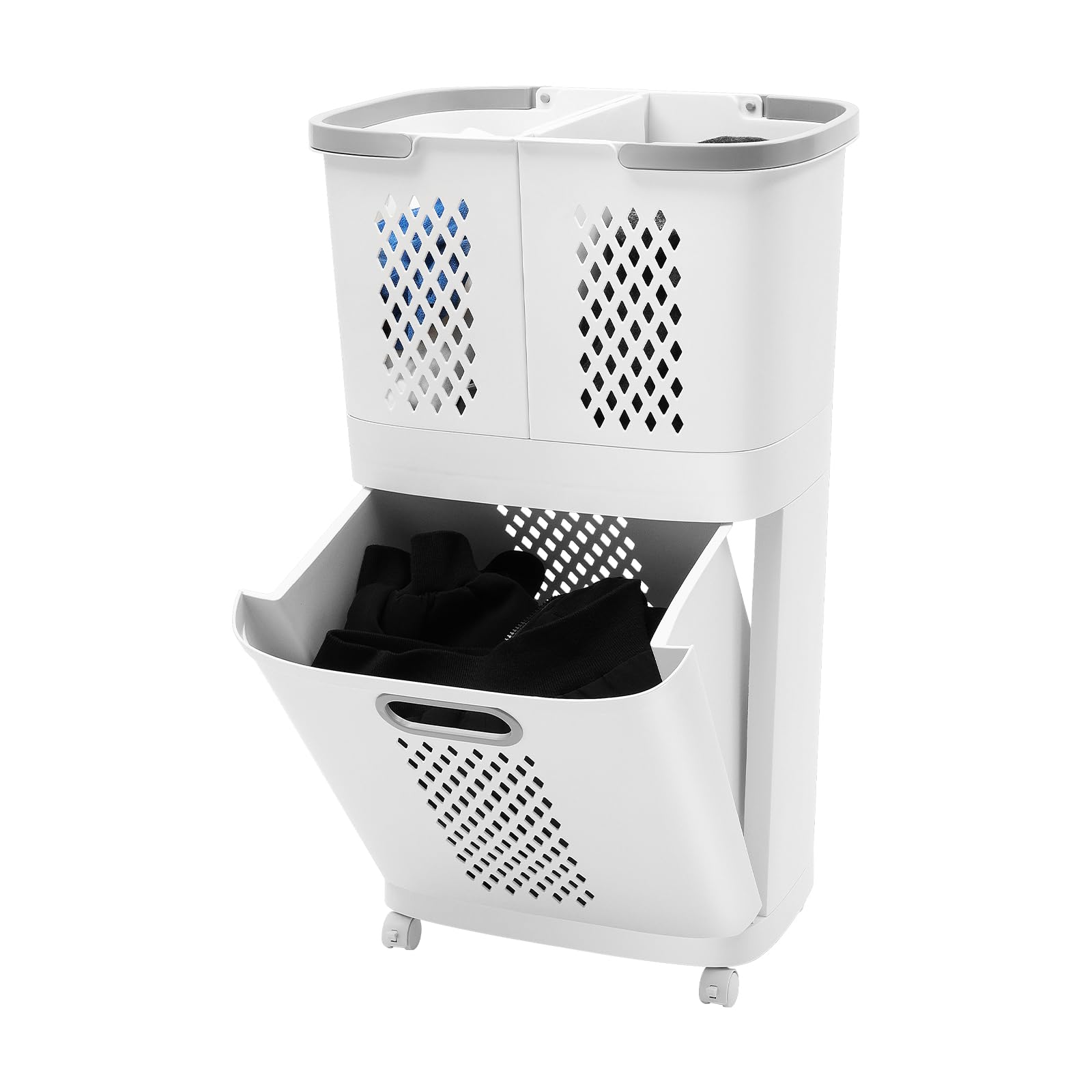 Household Laundry Basket with 4 Wheels, 3 Removable Bathroom Clothes Storage Basket Floor-Standing Large Hand-Held Laundry Basket for Towels Blankets and Bathroom Organization (2-layer 3 Baskets)