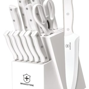 BRAVESTONE Knife Set, 15 Piece Kitchen Knife Set with Block Self Sharpening, Dishwasher Safe, Anti-slip Handle (Cream)