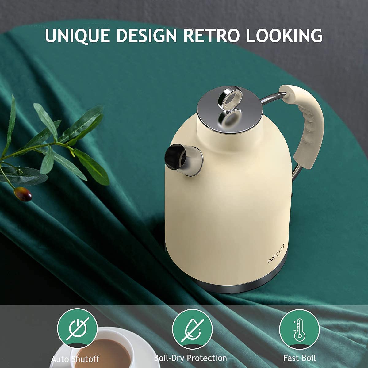 Electric Kettle ASCOT, Tea Kettle Hot Water Kettle Stainless Steel Kettle 1.5L 1500W Tea Heater & Boiling Water, Auto Shut-Off Boil-Dry Protection (Matte Cream)