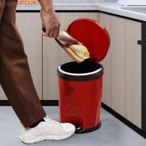 Xyskin Round Step Trash Can 2.6 Gallon, Red Plastic Bathroom Pedal Bin with Removable Inner Bucket, Small Garbage Can with Soft Close Lid