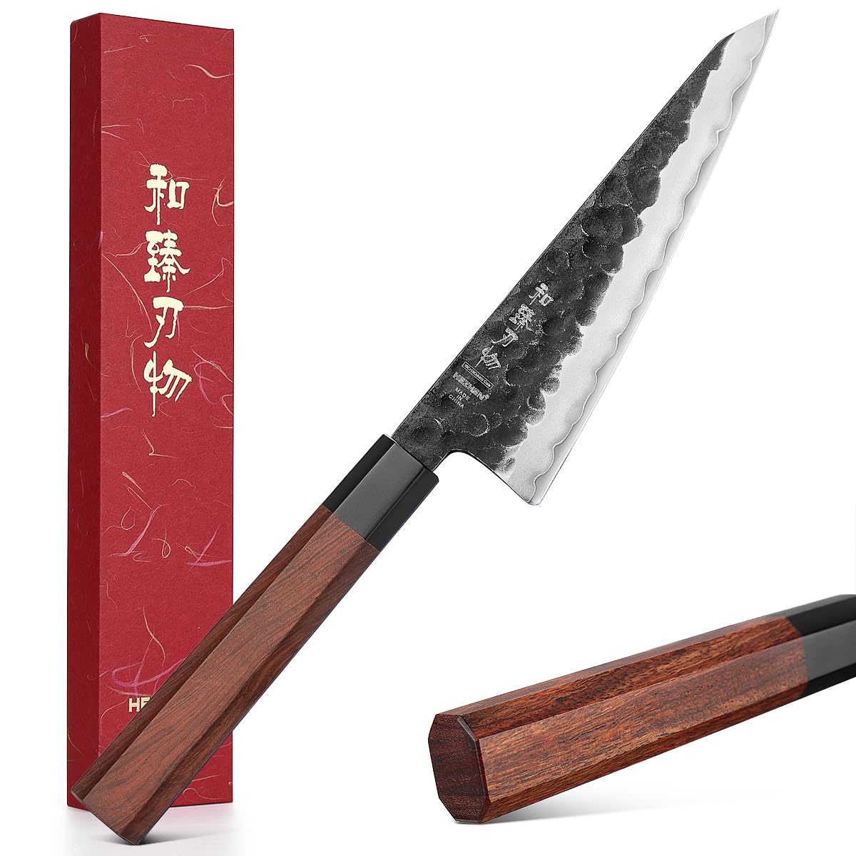 HEZHEN 5.8 inch Multi-purpose Knife,10Cr15CoMoV Steel Core,Triple-layer Composite Steel,Redwood Handle,Professional Kitchen Knife - Razor Sharp