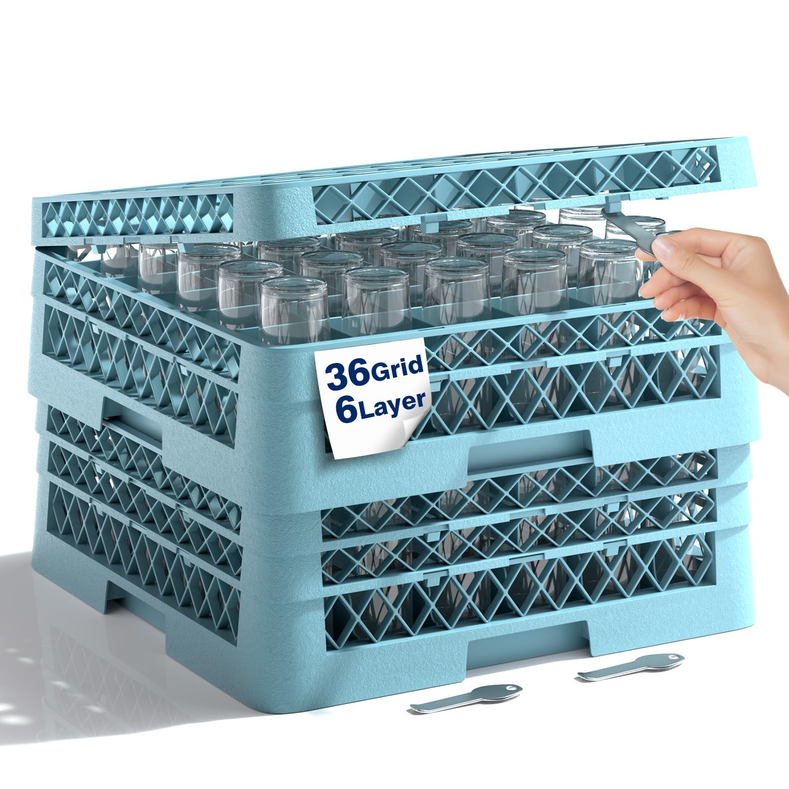 Wantjoin Glass Rack Commercial Dishwasher Racks, Drying Wine Cup Holder Storage for Bar Restaurant Kitchen, 2 Pack 36 Compartments with 2 Extenders, 2 Base and 4 Layers, 19.5 x 19.5 x 7.1 Inches, Blue