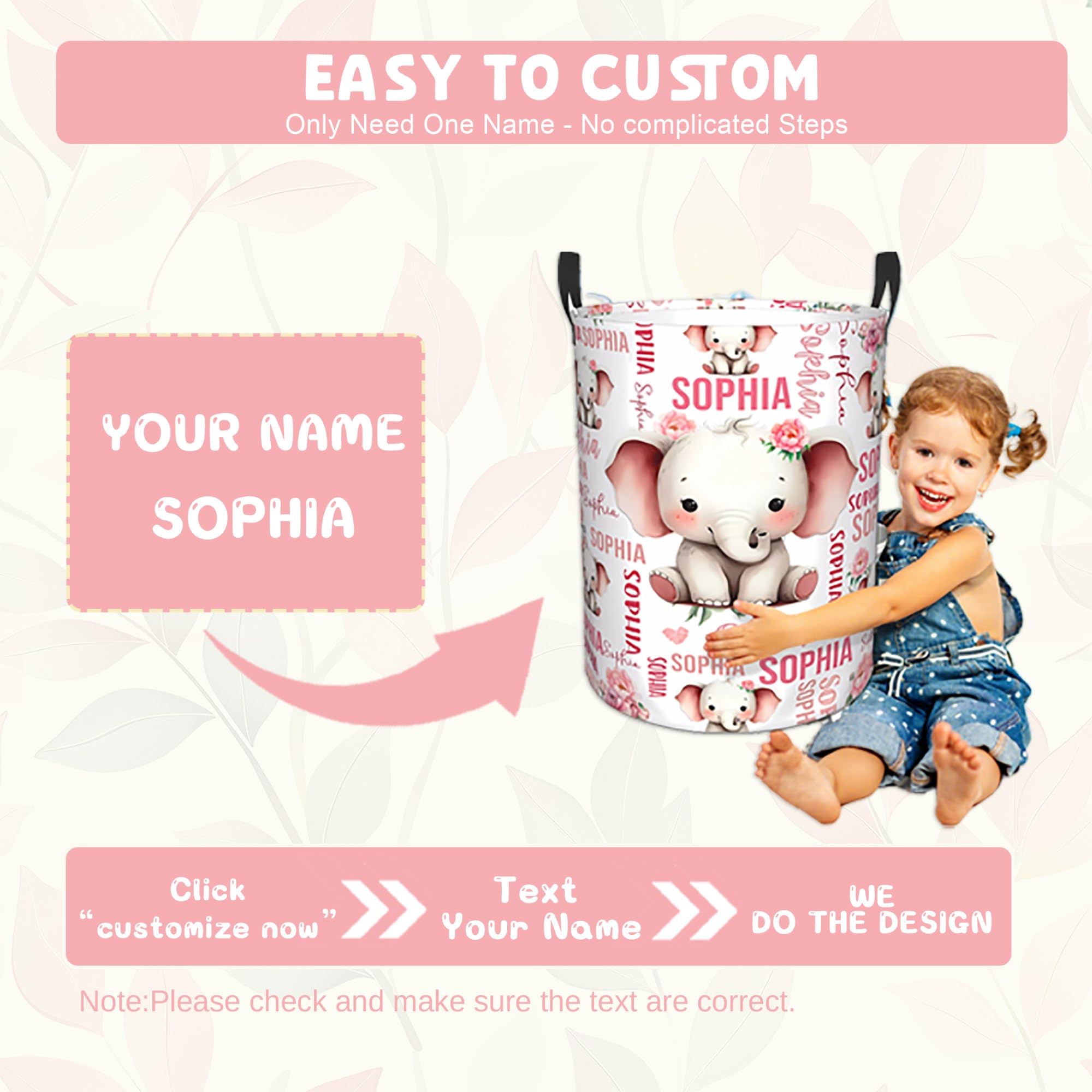 Custom Elephant Laundry Baskets,Personalized Elephant Gifts,Customize Baby Name Laundry Hamper for Kids Boys Girls Adults,Collapsible Clothes Storage Organizer,One Size