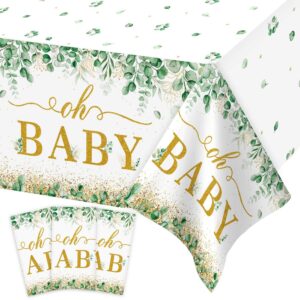 heboland 3 pack sage green neutral baby shower tablecloth decorations, oh baby large size 54 x 108 inch rectangular plastic tablecloth party decor