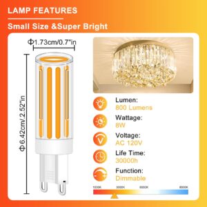 Megereet G9 LED Bulb Dimmable,75W 80W Halogen Equivalent, Warm White 2700K 8W 800LM T4 COB G9 Base LED Bulb Bi Pin Base Chandelier Lighting, No-Flicker 360°Beam Angle 120v Pack of 5