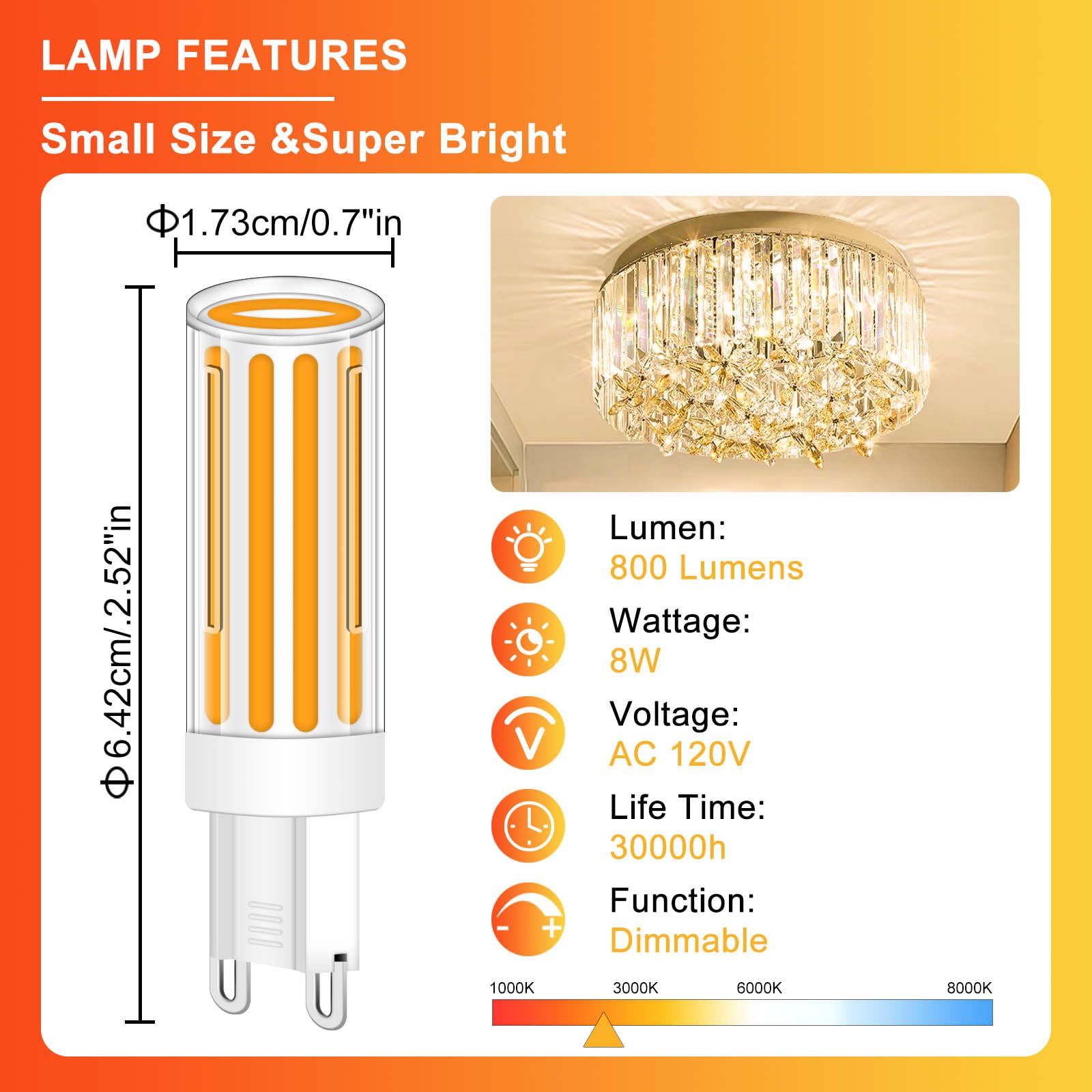 Megereet G9 LED Bulb Dimmable,75W 80W Halogen Equivalent, Warm White 2700K 8W 800LM T4 COB G9 Base LED Bulb Bi Pin Base Chandelier Lighting, No-Flicker 360°Beam Angle 120v Pack of 5