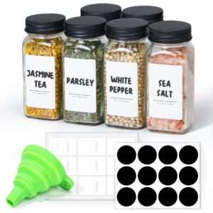 comsaf 6pcs 4oz glass spice jars with shaker lids, 21 labels, spice jars trial set & supplement set, empty spice containers and square spice bottles for kitchen and seasoning