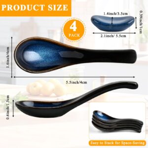 Supkiir 4Pcs Asian Soup Spoon Set, Ceramic Retro Blue Japanese Ramen Spoons with 4pcs Spoon Rest, Long Handle Chinese Soup Spoons Non-Slip Porcelain Spoon for Cereal Stews Ramen Wonton Dumpling Miso