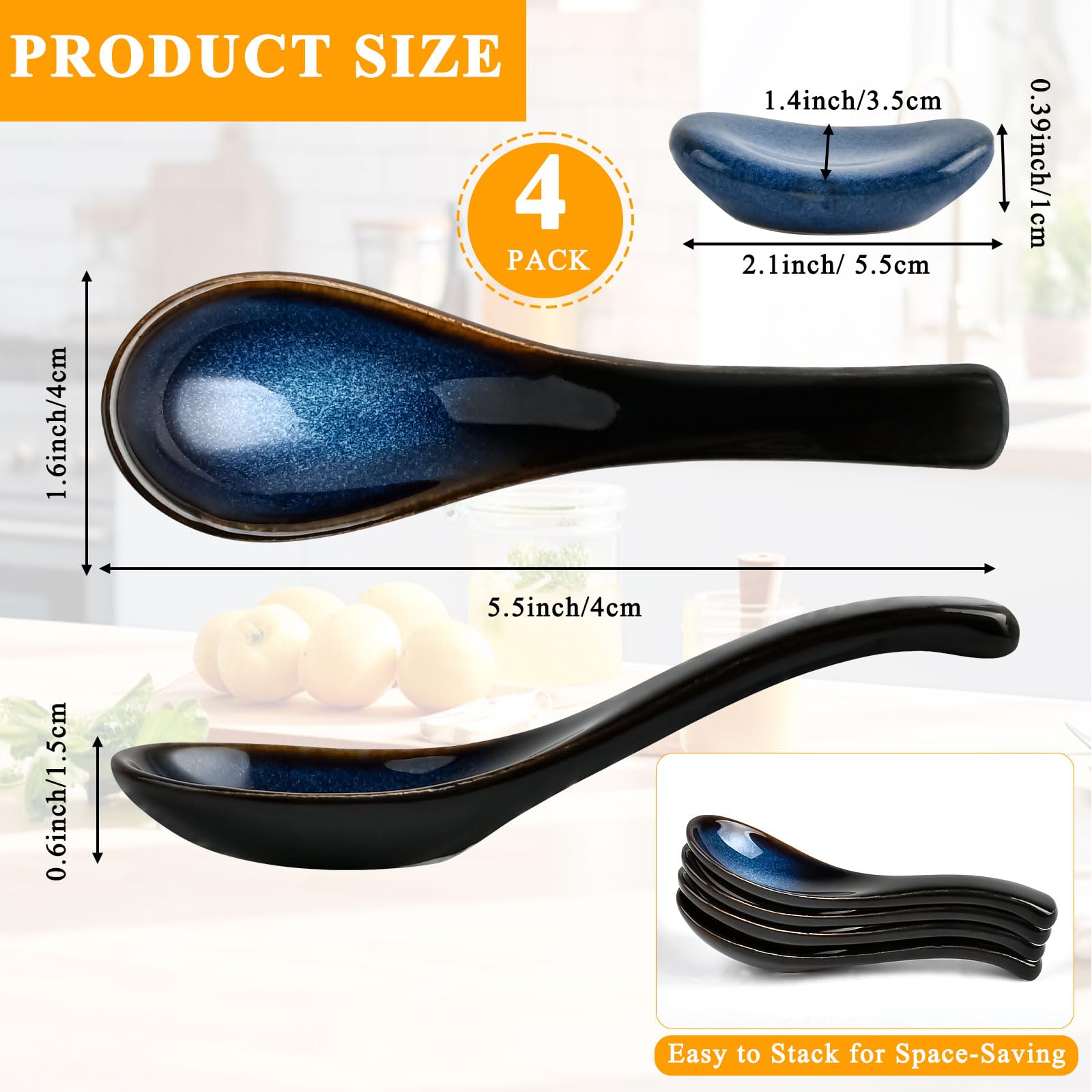 Supkiir 4Pcs Asian Soup Spoon Set, Ceramic Retro Blue Japanese Ramen Spoons with 4pcs Spoon Rest, Long Handle Chinese Soup Spoons Non-Slip Porcelain Spoon for Cereal Stews Ramen Wonton Dumpling Miso