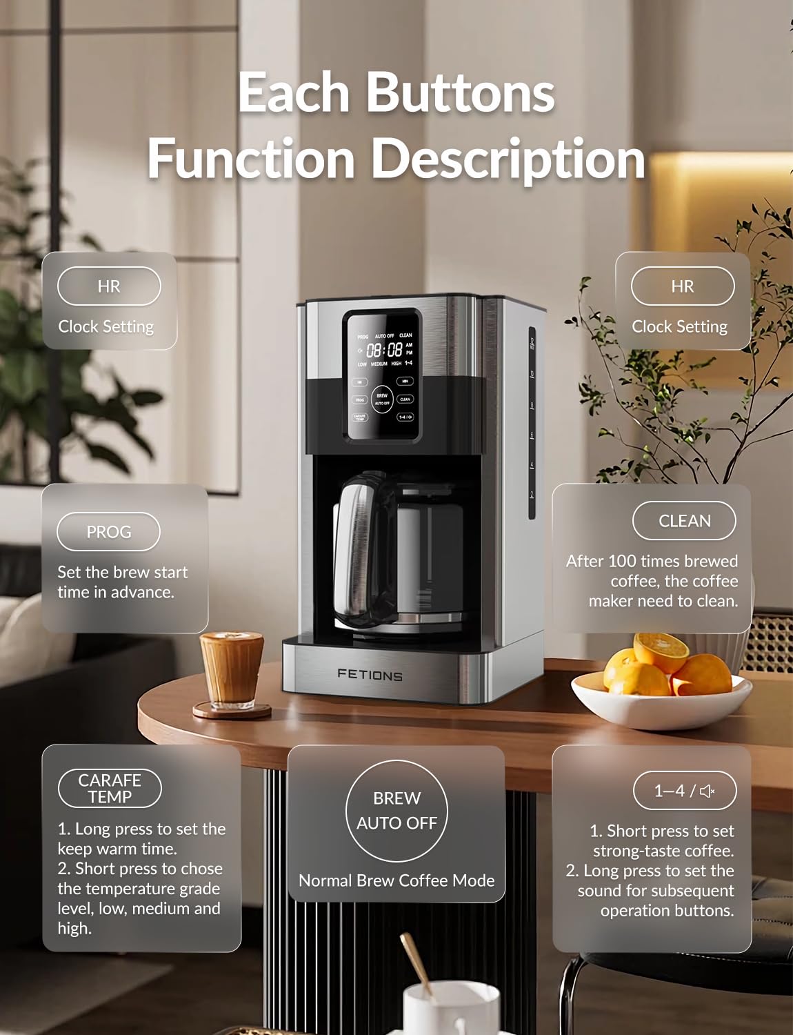 FETIONS Coffee Maker with Glass Carafe for Home Office, Programmable Stainless Steel Drip Coffee Machine with Timer Auto Shut-Off, LED Screen, 12-Cup Coffee Pot with Anti-Drip System, Reusable Filter