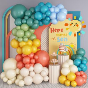 retro boho balloon arch garland kit, 163pcs retro blue orange mustard yellow balloon, here comes the son first birthday theme boho colorful baby shower party decoration