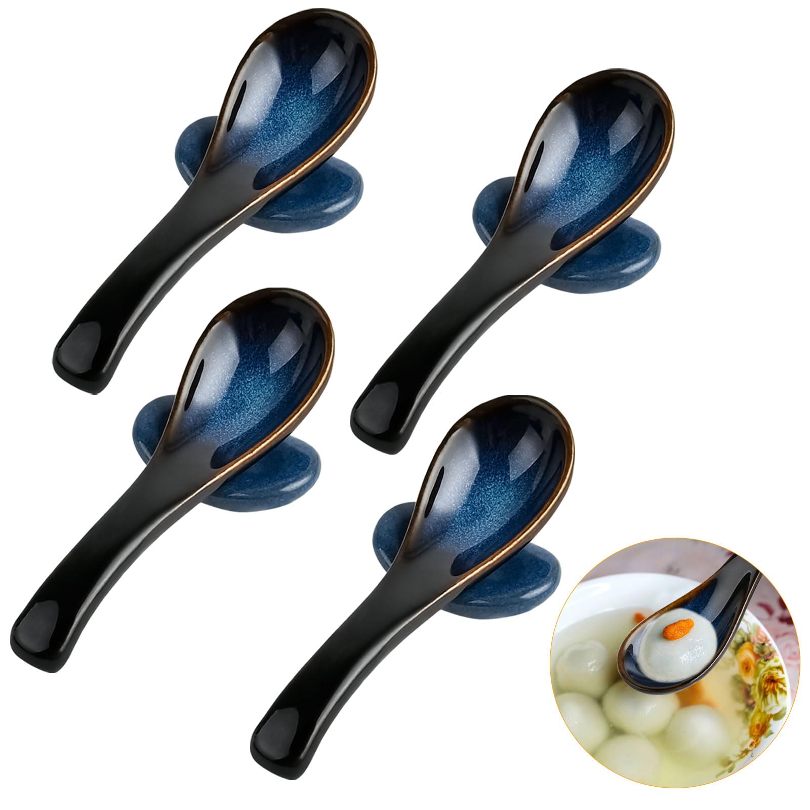 Supkiir 4Pcs Asian Soup Spoon Set, Ceramic Retro Blue Japanese Ramen Spoons with 4pcs Spoon Rest, Long Handle Chinese Soup Spoons Non-Slip Porcelain Spoon for Cereal Stews Ramen Wonton Dumpling Miso