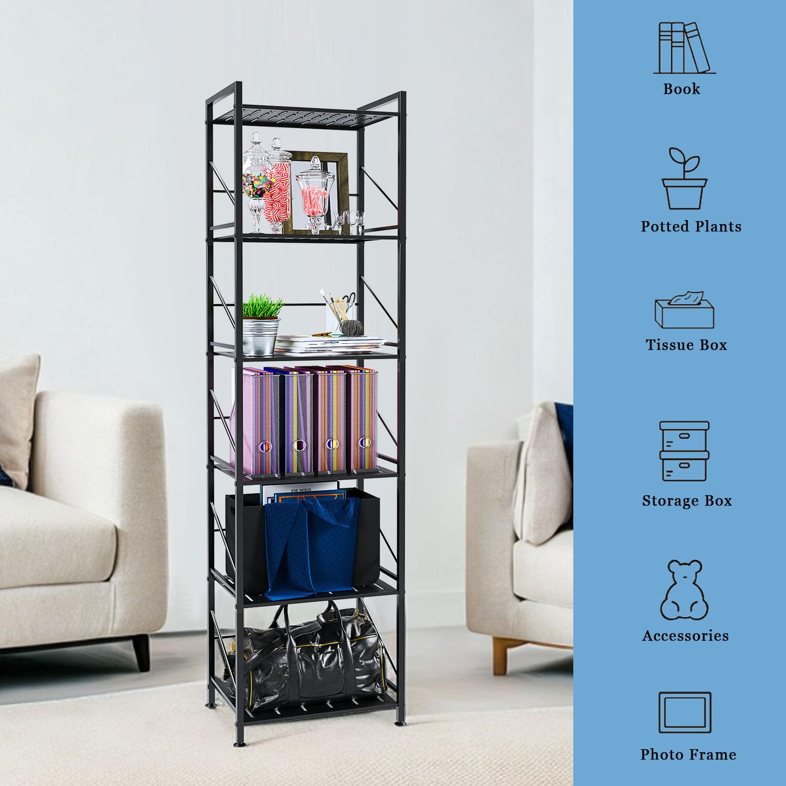 ZHAZHADI Kitchen Storage Shelf Rack, 6 Tier Metal Shelving Unit, Free Standing Shelving Unit Heavy Duty Shelves Rack Bathroom Shelf Plant Standfor Pantry Closet Kitchen Laundry,Black