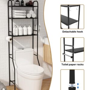 CAMOAT Over The Toilet Storage Shelf, Metallic Black 3-Tier Over Toilet Bathroom Organizer, Adjustable Foot Height with 4 Hooks 19.3" Wide Toilet Shelf Rack