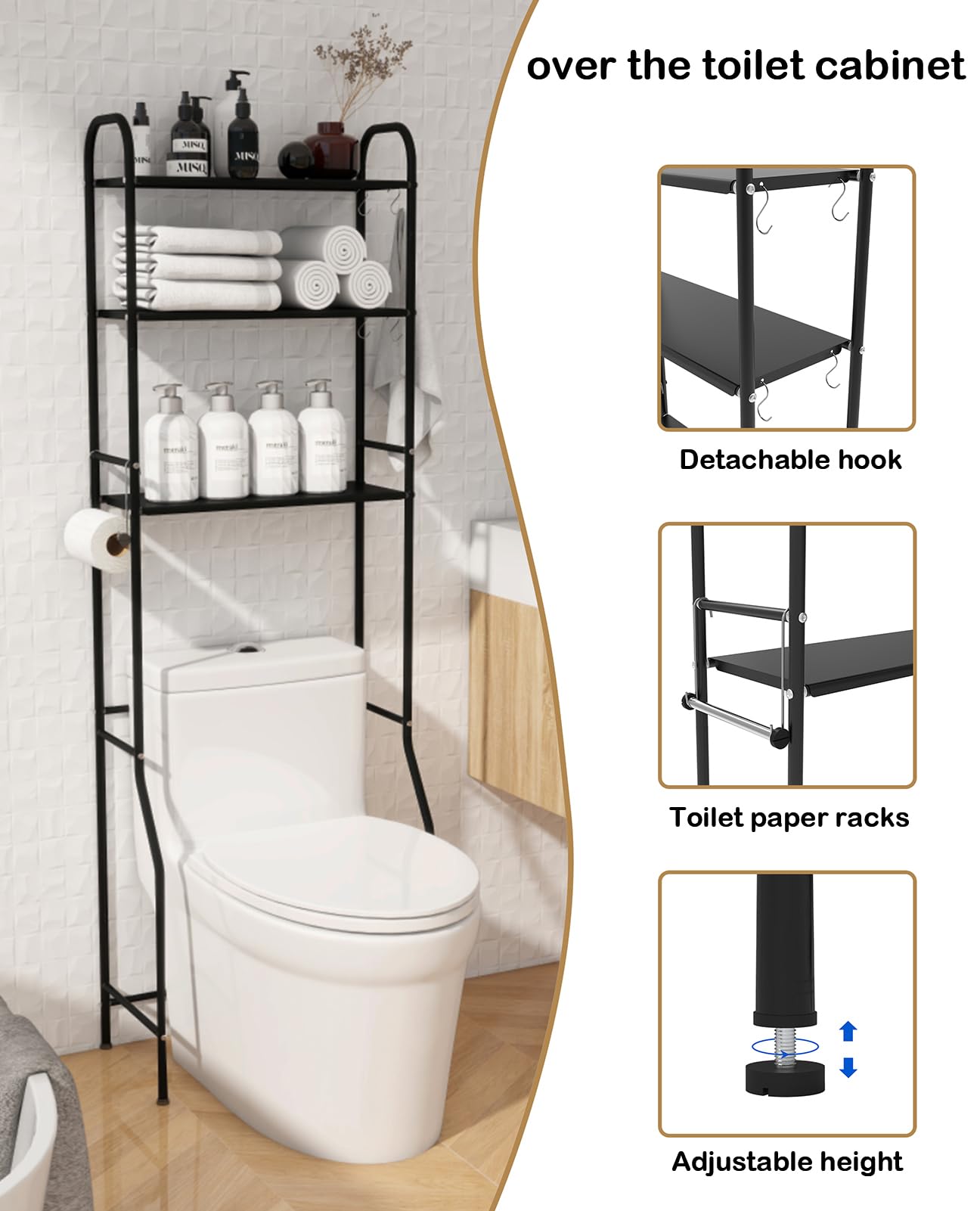 CAMOAT Over The Toilet Storage Shelf, Metallic Black 3-Tier Over Toilet Bathroom Organizer, Adjustable Foot Height with 4 Hooks 19.3" Wide Toilet Shelf Rack