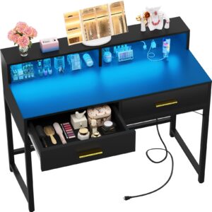 cyclysio vanity desk with mirror and lights, 36 inch makeup vanity with 2 wooden drawers & storage shelves, black small vanity with power outlets and led lights for small space, bedroom, black pink