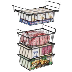 ispecle 4 pack freezer organizer bins - fit 5 cu.ft chest freezer, 1 expandable hanging bin and 3 pack stackable deep freezer organizer, sort and get frozen food easily with handle, black