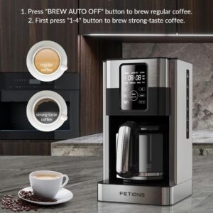 FETIONS Coffee Maker with Glass Carafe for Home Office, Programmable Stainless Steel Drip Coffee Machine with Timer Auto Shut-Off, LED Screen, 12-Cup Coffee Pot with Anti-Drip System, Reusable Filter