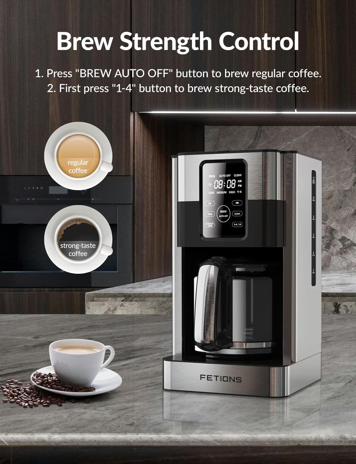 FETIONS Coffee Maker with Glass Carafe for Home Office, Programmable Stainless Steel Drip Coffee Machine with Timer Auto Shut-Off, LED Screen, 12-Cup Coffee Pot with Anti-Drip System, Reusable Filter