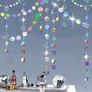 Fecedy 4 Pack Holographic Circle Shiny Garlands Iridescent Banner Hanging Streamer for Baby Shower Graduation Wedding Birthday Party Decoration