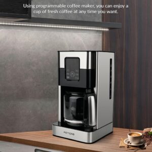 FETIONS Coffee Maker with Glass Carafe for Home Office, Programmable Stainless Steel Drip Coffee Machine with Timer Auto Shut-Off, LED Screen, 12-Cup Coffee Pot with Anti-Drip System, Reusable Filter