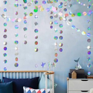 Fecedy 4 Pack Holographic Circle Shiny Garlands Iridescent Banner Hanging Streamer for Baby Shower Graduation Wedding Birthday Party Decoration