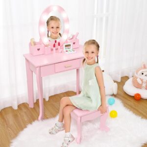 Wpond Kids Vanity Set with Mirror and Drawer - Pretend Play Dress-Up Fun, Lights & Wooden Makeup Playset for Girls 4-9 Yrs, Pink