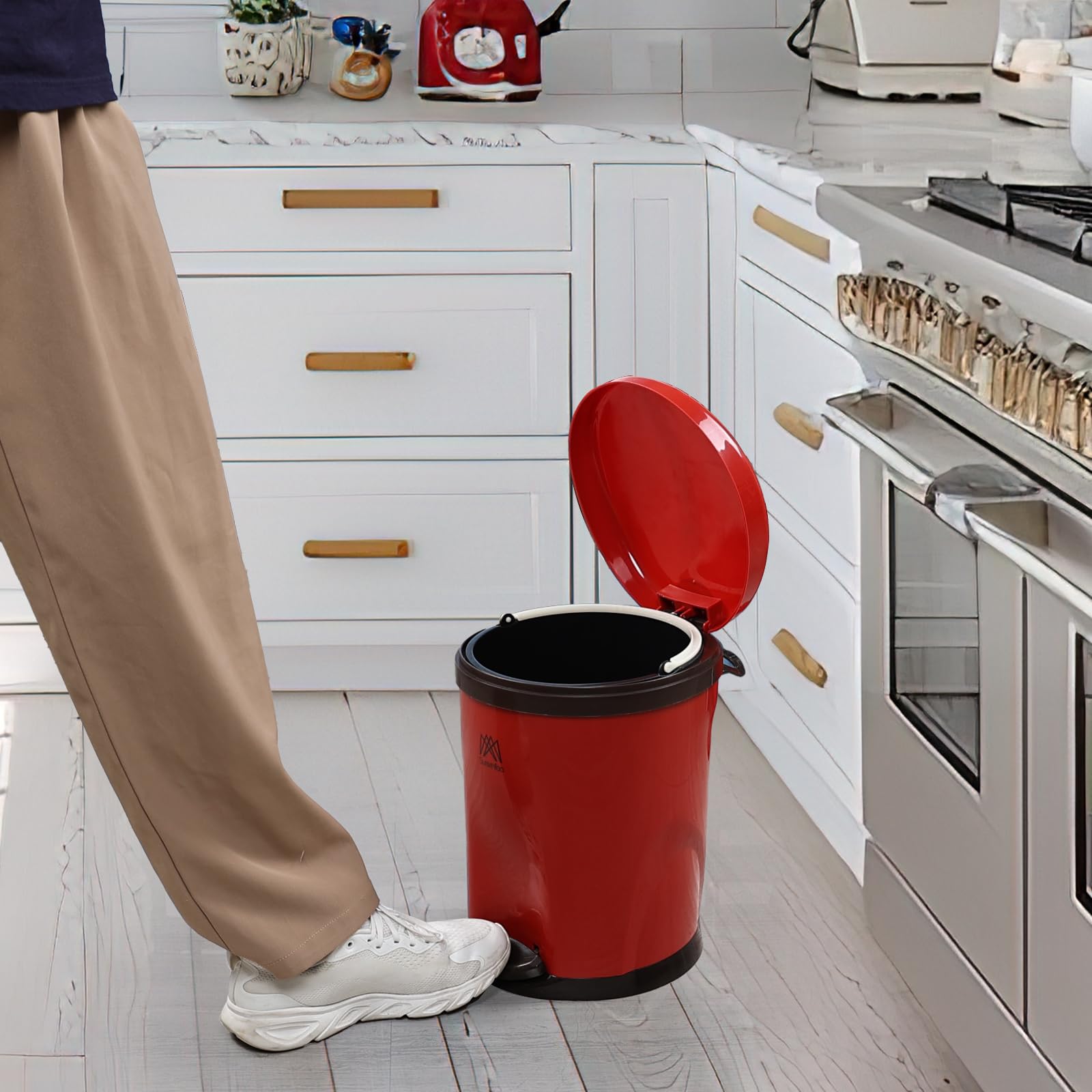 Buyitt Round Trash Can with Soft-Close Foot Pedal, 2 Gallon Waste Bin with Lid, Bathroom Step Waste Can, Red