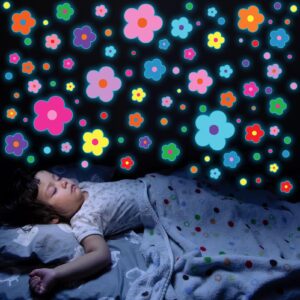 glow in the dark y2k cute flowers wall decals，glowing luminous colorful floral wall stickers colorful removable self-adhesive flower decals for girls bedroom kids baby nursery living room decoration