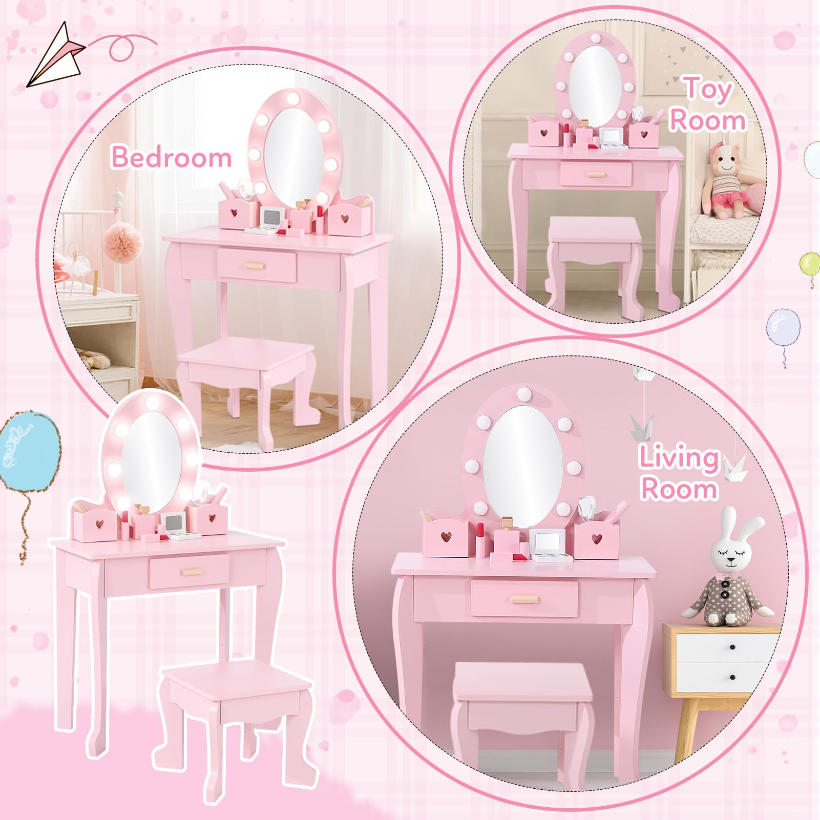 Wpond Kids Vanity Set with Mirror and Drawer - Pretend Play Dress-Up Fun, Lights & Wooden Makeup Playset for Girls 4-9 Yrs, Pink