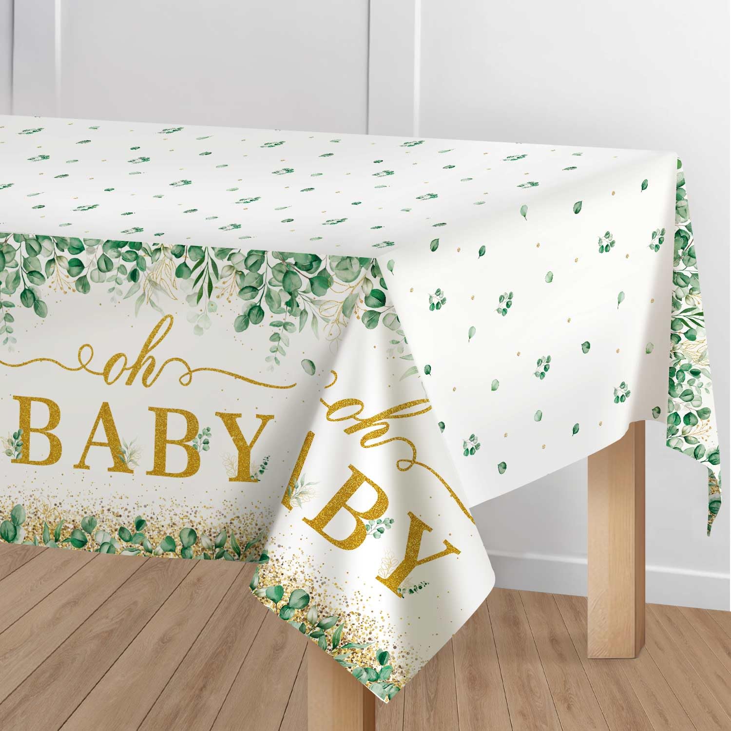 Heboland 3 Pack Sage Green Neutral Baby Shower Tablecloth Decorations, Oh Baby Large Size 54 x 108 Inch Rectangular Plastic Tablecloth Party Decor