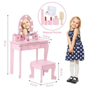 Wpond Kids Vanity Set with Mirror and Drawer - Pretend Play Dress-Up Fun, Lights & Wooden Makeup Playset for Girls 4-9 Yrs, Pink