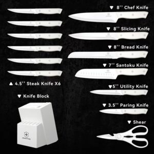 BRAVESTONE Knife Set, 15 Piece Kitchen Knife Set with Block Self Sharpening, Dishwasher Safe, Anti-slip Handle (Cream)