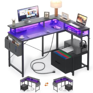 homieasy small computer desk with file drawer cabinet, l shaped office desk with printer stand & monitor stand, 39 inch gaming desk with power outlets led light storage bag hanging hooks, black