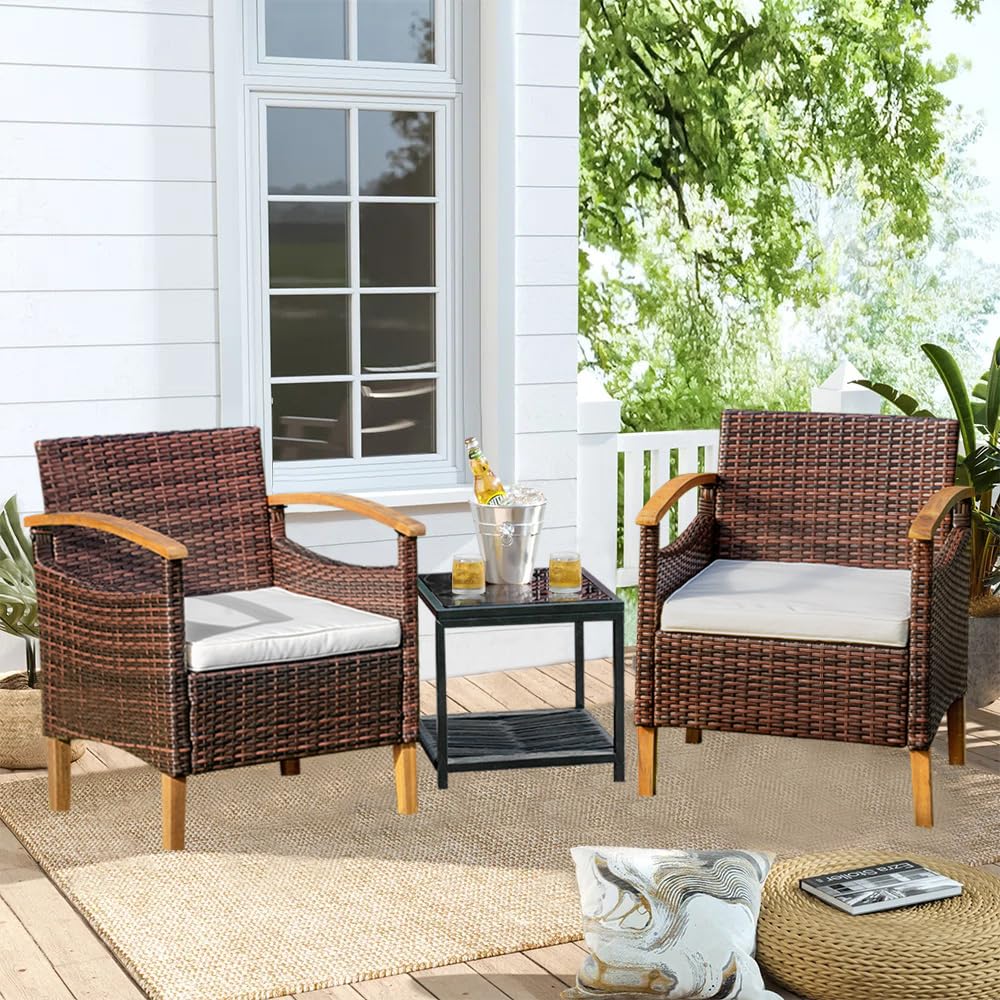 3 piece Outdoor Patio Furniture Set Outdoor Furniture Set with Table Outside Lawn Patio Chairs Set of 2 Patio Conversation Sets Bistro Wicker Patio Set for Porch Balcony Backyard Pool Deck(Brown)