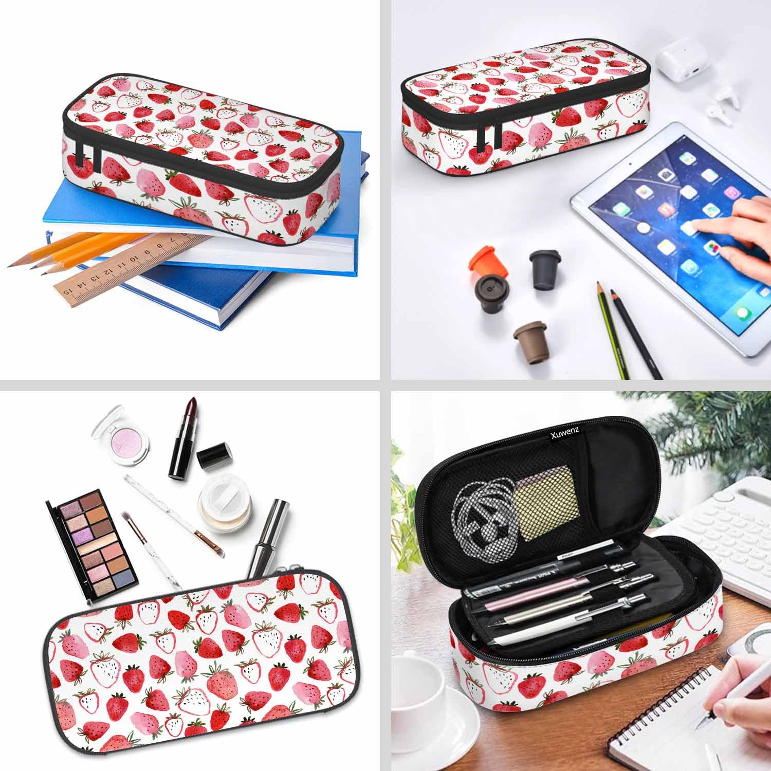 Xuwenz Strawberry Pencil Bag Abstract Watercolor Beautiful Fruit Fresh Sweet Spring Big Capacity Pencil Case Pencil Pouch Pen Bag School Students Boy Girl