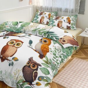 gdscclgx modern cartoon forest owl duvet cover set twin size,watercolor room decor cute anime owl bedding sets 3 pieces(1 duvet cover+2 pillowcases)