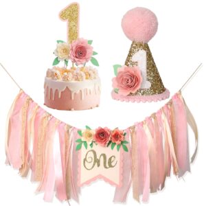 dusty pink 1st birthday high chair floral banner decor boho floral 1st birthday hat decorations 1st birthday cake topper baby girl banner baby shower wall hangings decorative for kids bedroom