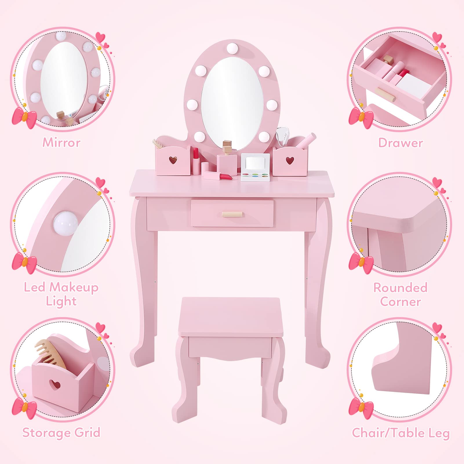 Wpond Kids Vanity Set with Mirror and Drawer - Pretend Play Dress-Up Fun, Lights & Wooden Makeup Playset for Girls 4-9 Yrs, Pink