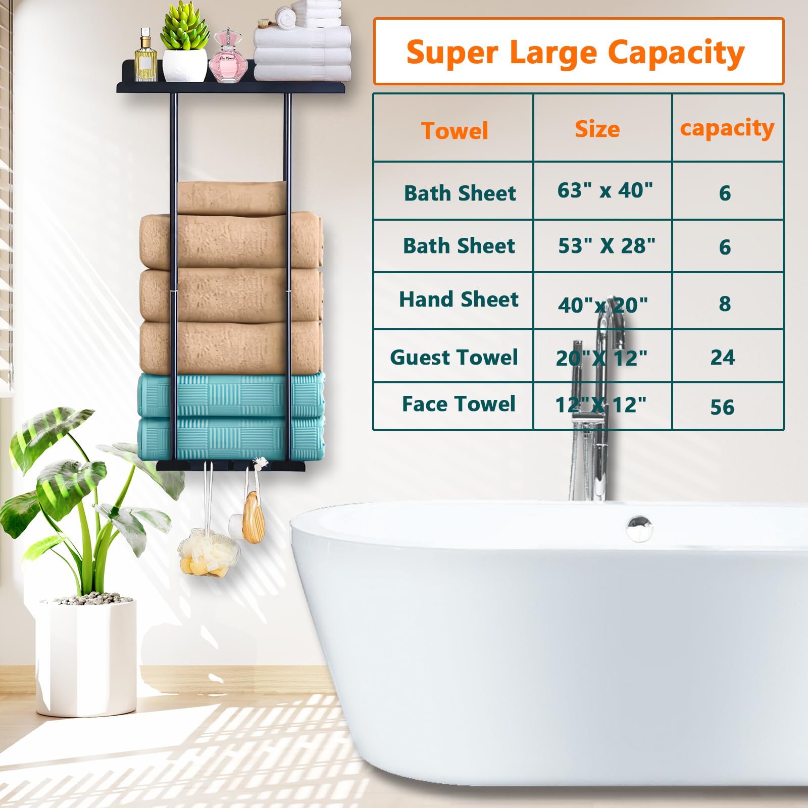 Towel Racks for Bathroom,CIT ZCFYU Retractable Towel Storage Holder Wall Mounted for Small Bathroom,Up to 8 Tier Rolled Bath Towel Rack or Hand Towels,Vertical Metal Towel Shelf Organizer with 3 Hooks