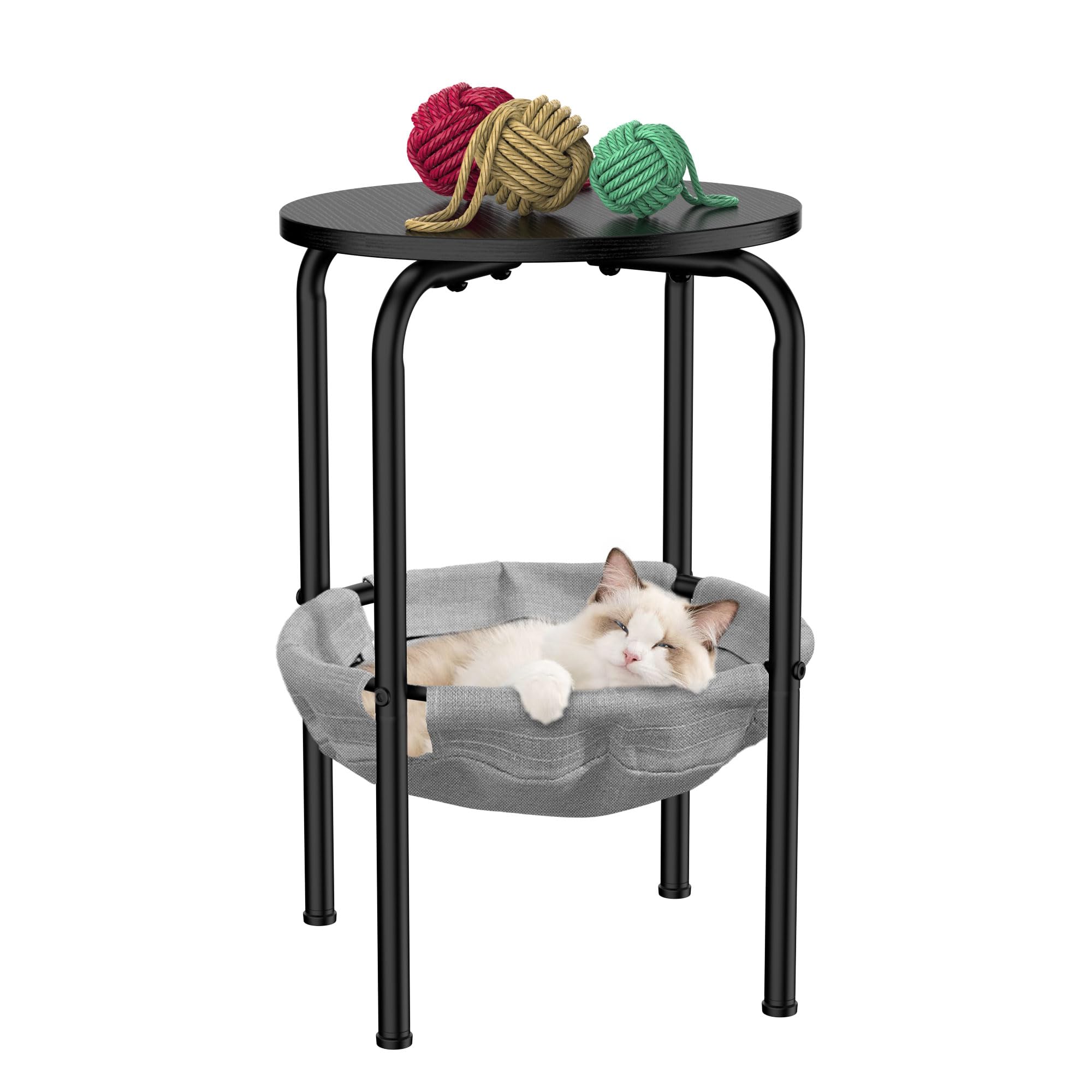 Memobarco End Table with Cat Hammock, Small Oval Side Table Night Stand, Bedside Tables with Fabric Basket and Metal Frame for Living Room and Small Spaces - Black