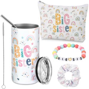 sieral 4 pcs big sister gifts for girls cute big sister makeup bag 14oz stainless steel tumbler scrunchies big sister bracelet for little girls of new baby christmas birthday(multicolor,rainbow)