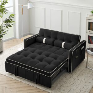 3-in-1 convertible sleeper sofa bed,55.5" modern tufted velvet pull out couch bed,futon small love seat sofa with adjustable backrest&cylinder pillows for living room,apartment,small places(black)