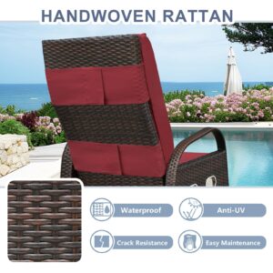 Skypatio Outdoor Patio Recliner Chair, Independently Adjustable Backrest and Footrest All-Weather Wicker Patio Reclining Lounge Chair with Flip Side Table, Red