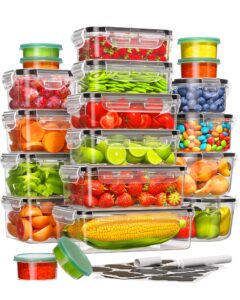 40 piece food storage containers with lids(20 containers & 20 lids), plastic food containers with lids for kitchen storage and organization includes labels & pen